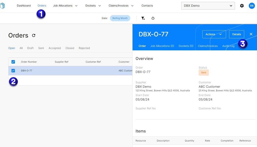 How to create a Docket from an Order - Web View